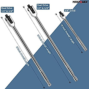 MAXPOWER 3Pcs Breaker Bar Set, Dual Drive 1/2" and 3/8" for Breaker Bars 15-inch and 18-inch, 10-inch Short Breaker Bar 1/2"