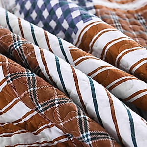 Cinefoso King Size Quilt Set, Brown Blue Striped Bedding Set, Reversible Lightweight Quilt Bedspreads for All Season, 3-Piece