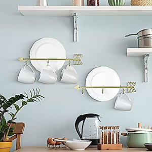 MyGift Wall Mounted Collectible Plate Saucer and Tea Cup Display Rack with 3 Hooks, Brass Tone Metal Arrow Design Decorative Wall Plate Holder, Set of 2