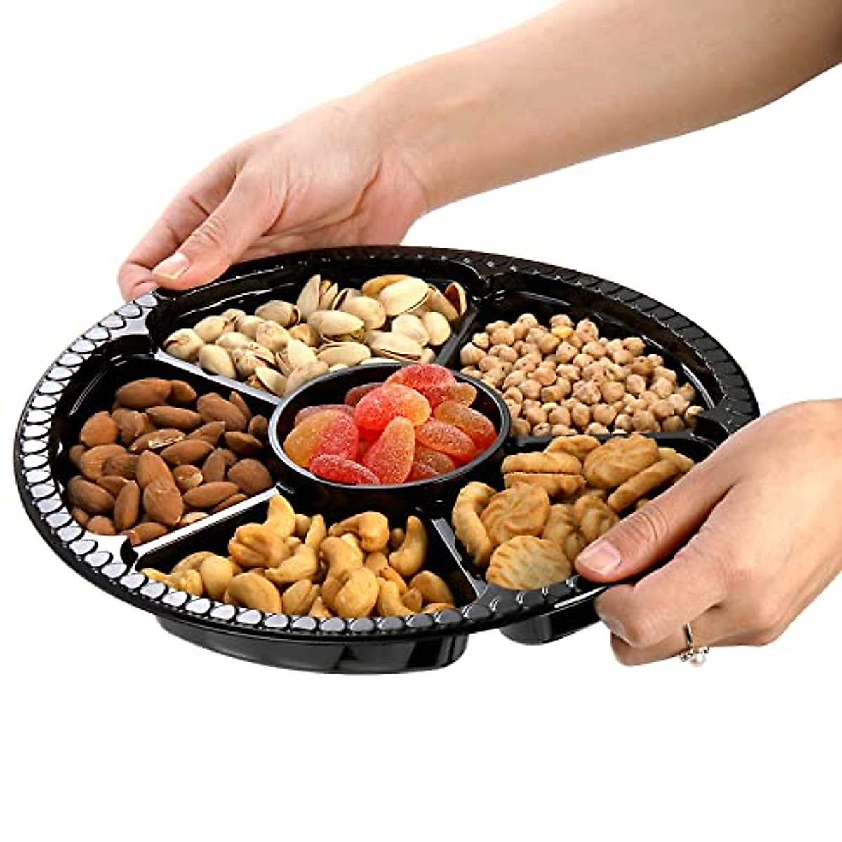 Lyellfe 30 Pack Plastic Appetizer Tray with Lid, Disposable Fruit Veggie Tray with 6 Compartment, 10.5 Inch Heavy Duty Snack Serving Platter Container for Salad, Nut, Olive, Party