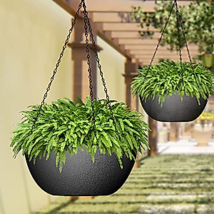 WOUSIWER 13 inch 2Pack Large Hanging Planters for Outdoor Indoor Plants with Drainage Holes and Chain, Round Hanging Flower Pots for Garden Home Porch Decor, Black
