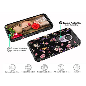ShinyMax Moto G7 Power Case with Flowers Design,Motorola Moto G7 Supra Phone Case,Hybrid Dual Layer Armor Anti-Slip Cover Cute Sturdy Anti-Scratch Shockproof Bumper Case for Women & Girls-Floral/Black