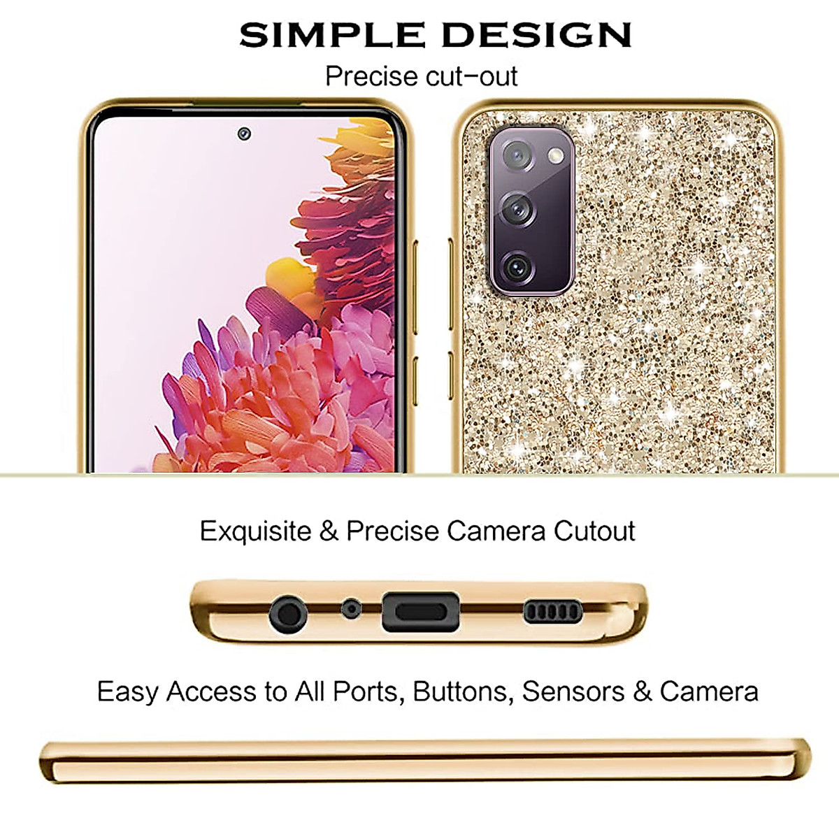 Compatible with Samsung S20 FE Case Glitter Shockproof, for Samsung Galaxy S20 FE Phone Case Bling Sparkly Soft TPU and PC Silicone Shiny Girl Women Thin Protective Cover (Gold)