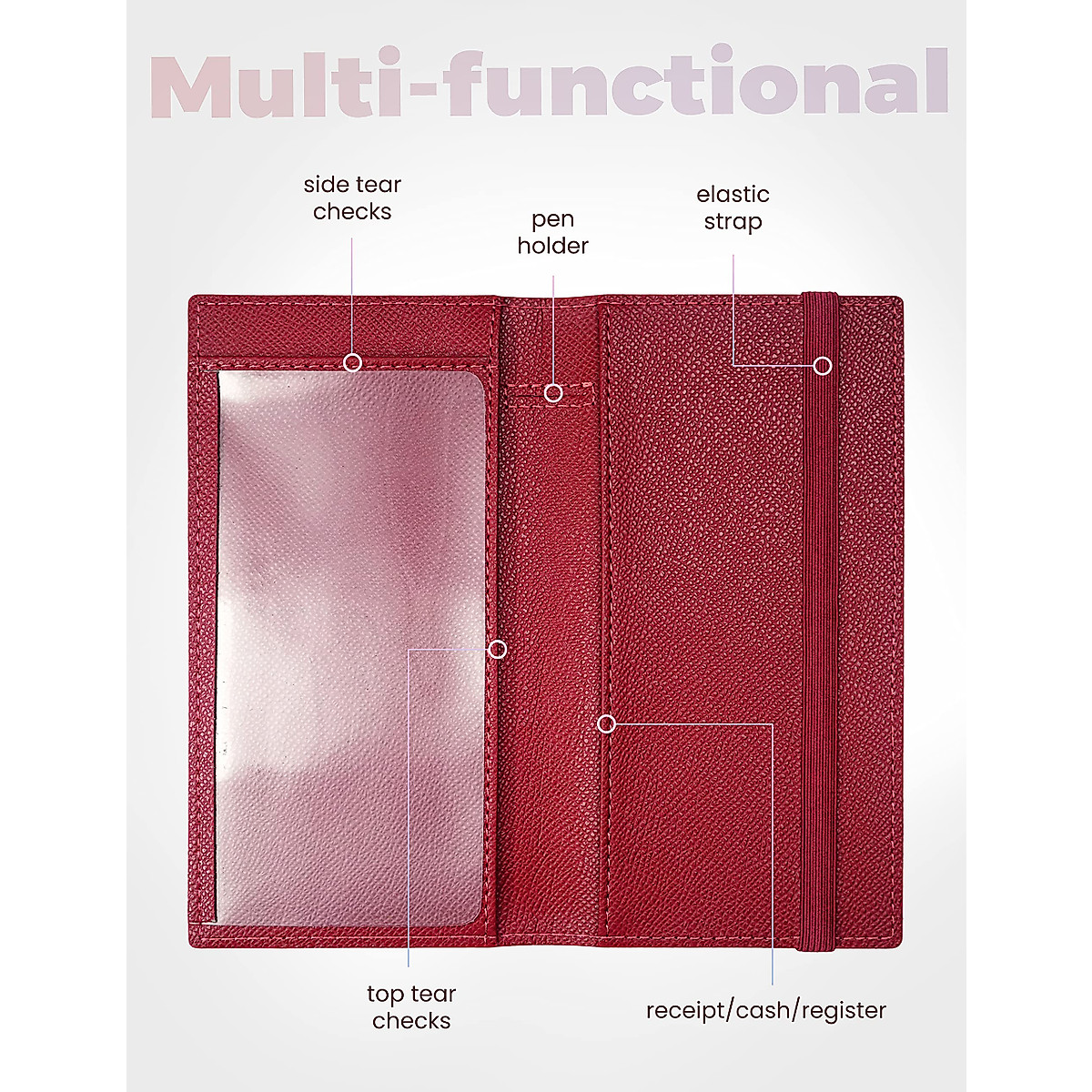 Yarnic Checkbook Cover for Personal Checkbook, Checkbook Holder with Pen Holder & Built-in Clear Plastic Divider for Duplicate Checks (Dark Red)