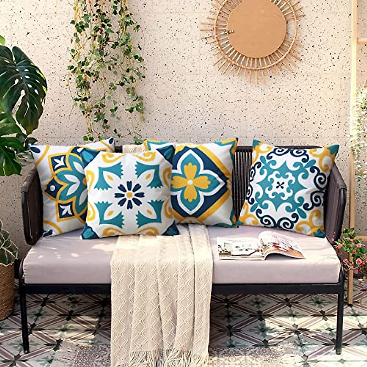 cygnus Outdoor Waterproof Throw Pillow Covers 18x18 Inch Set of 4 Boho Decorative Floral Covers for Patio Furniture Porch (18 * 18inch/45 * 45cm,Teal and Yellow)