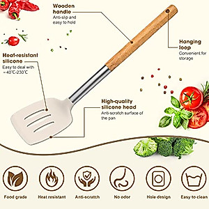 AHNR 33 Pcs Silicone Cooking Utensils Set, 446°F Heat Resistant Kitchen Utensils, Spatula, Spoon, BPA Free Wooden Handle Silicone Kitchen Gadgets Utensil Set with Holder for Non-Stick Cookware Khaki