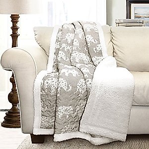 Lush Decor Elephant Parade Throw Fuzzy Reversible Sherpa Blanket, 60” x 50”, Gray