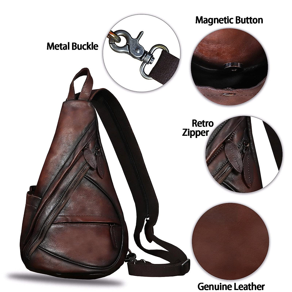 Genuine Leather Sling Bag Casual Shoulder Hiking Backpack Vintage Handmade Crossbody Bag Retro Chest Daypack Convertible Backpack (LightCoffee)