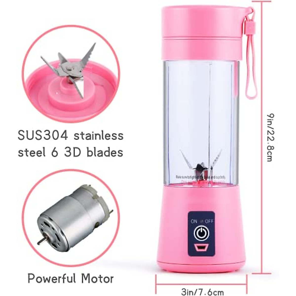 Portable Blenders,Personal Size Blender Smoothies and Shakes, USB Rchargeable Juicer Cup with Six Blades in Handheld Blender Sports,Travel and Home (Pink)