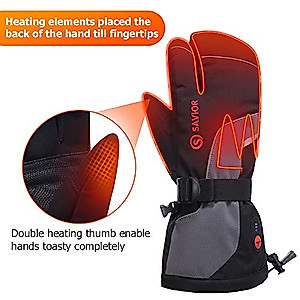 Savior Heated Gloves for Men Women 3-Finger Ski Mitten 7.4V Rechareable Battery Gloves for Skiing (L)