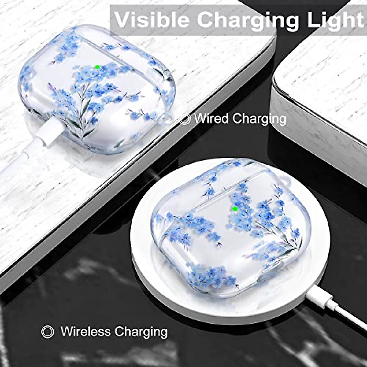 Airpods 3 Case Cover, QINGQING Compatible with Protective Clear Floral Case Cover with Keychain Airpods 3rd Generation Charging Case (2021 Released), Shockproof and Skin-Friendly, Front LED Visible
