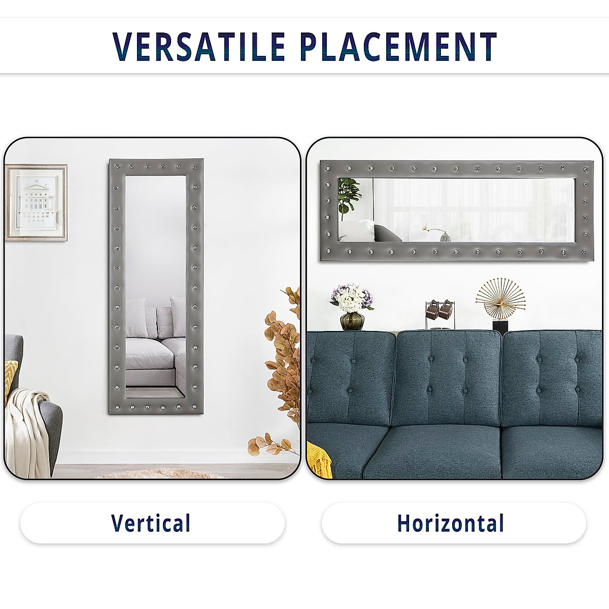 Crystal Tufted Floor Mirror Full Length, 63"LX22"W Wall Mirror Full Length, Standing Mirror Full Length, Full Length Wall Mirror With Faux Wood Frame, Full Length Mirrors for Bedroom - Gray