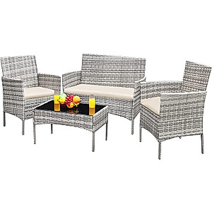 Greesum Patio Furniture 4 Pieces Conversation Sets Outdoor Wickerr Rattan Chairs Garden Backyard Balcony Porch Poolside loveseat & 3 Pieces Patio Furniture PE Rattan Wicker Chair Conversation Set