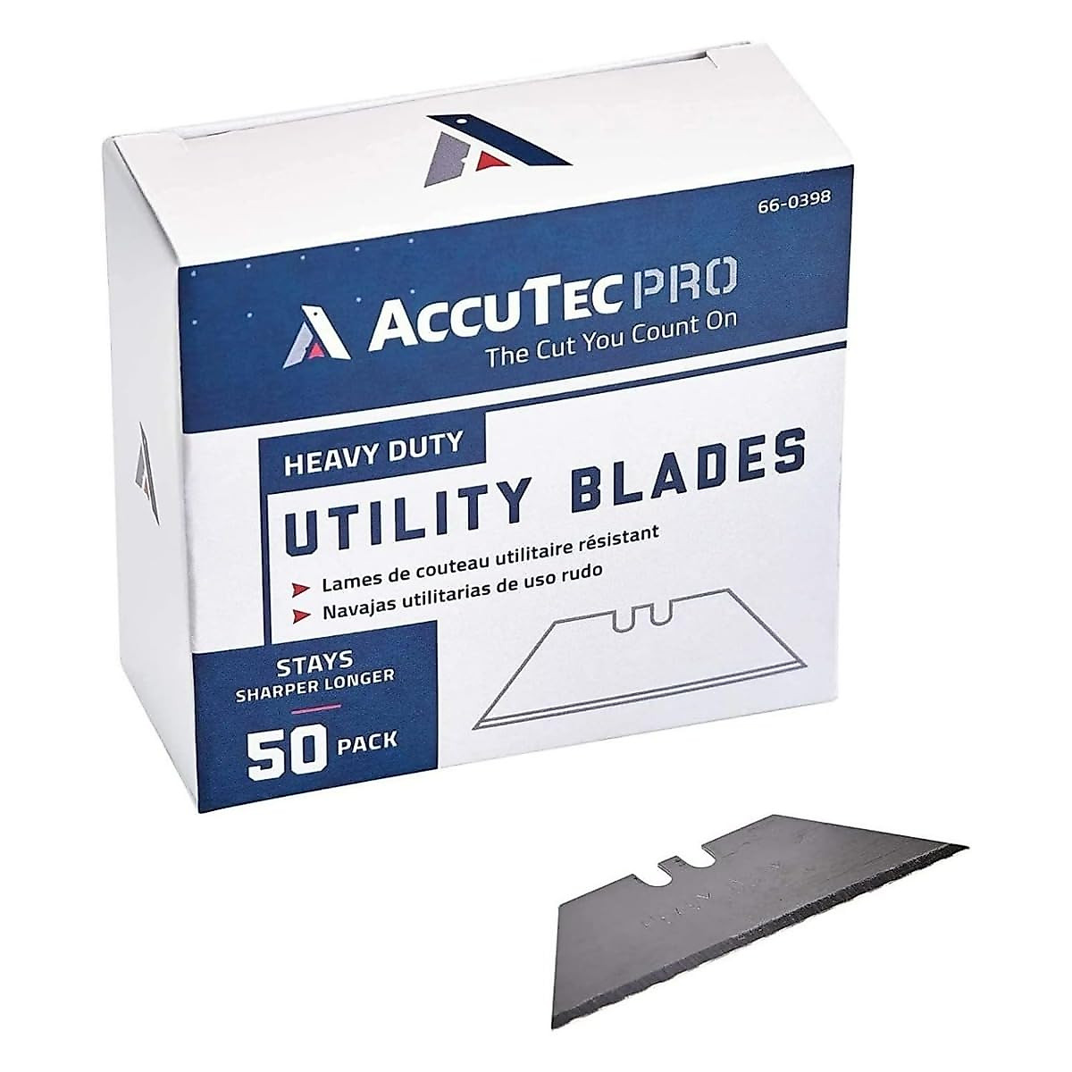 AccuTec Pro 2-Notch Utility Knife Blades with Dispenser - Precision Made with High Carbon Steel for Extra Durability - 50 Pack - APBL-8022