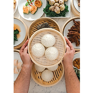 Chok Dee Goods Bamboo Steamer Premium Set, Stainless Steel Cooking Ring Included, 1 10" 2 Tier Basket, 1 Stainless Steel Cooking Ring, 4 Sets of Chopsticks, 4 Reusable Silicone Liners, 2 Sauce Dishes