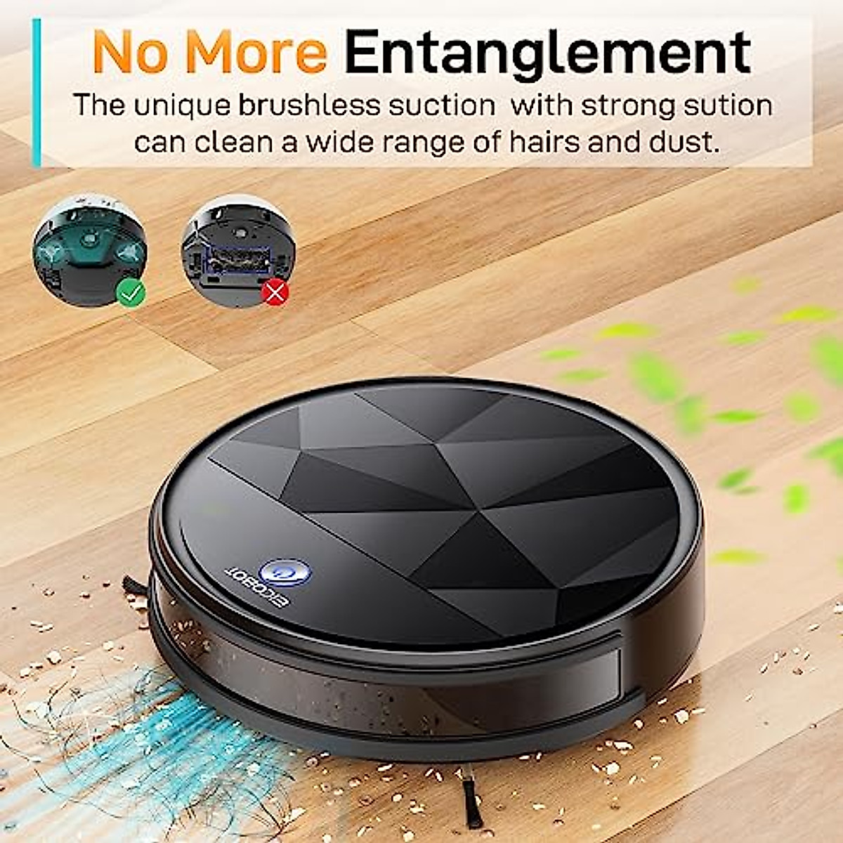 EICOBOT Robot Vacuum Cleaner,Tangle-Free Suction,Quite,Slim,Automatic Self-Charging,550ml Large Dustbin, Good for Pet Hair,Hard Floor and Low Pile Carpet,R20(Charcoal Black)