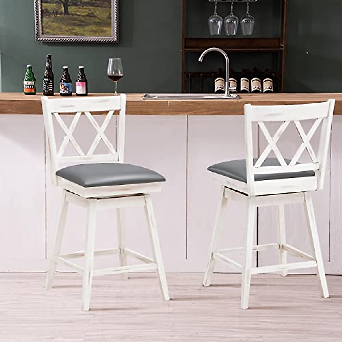 COSTWAY Bar Stool Set of 2, 360° Swivel Counter Height 25inch Bar Stool with Foot Rest Upholstered Cushion & Ergonomic Backrest, Sturdy Frame, for Pub, Restaurant, Home (2, Antique White + Grey)