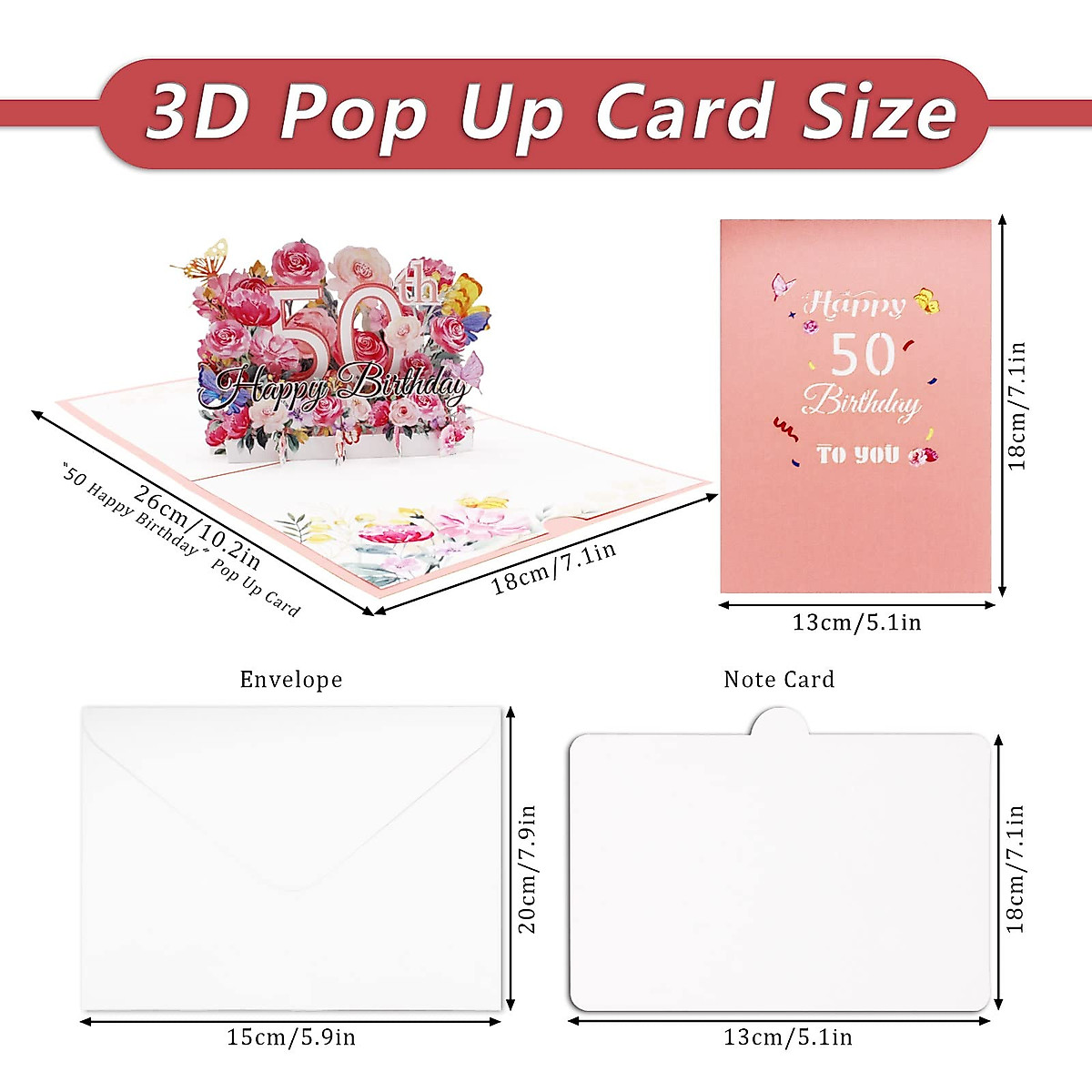 Pop Up Birthday Card Happy 50th Birthday Cards Pink Birthday Gift Card 3D Popup 50th Birthday Greeting Card Flower Card with Note Card and Envelope 50th Birthday Gifts for Women Men Wife Mother Father