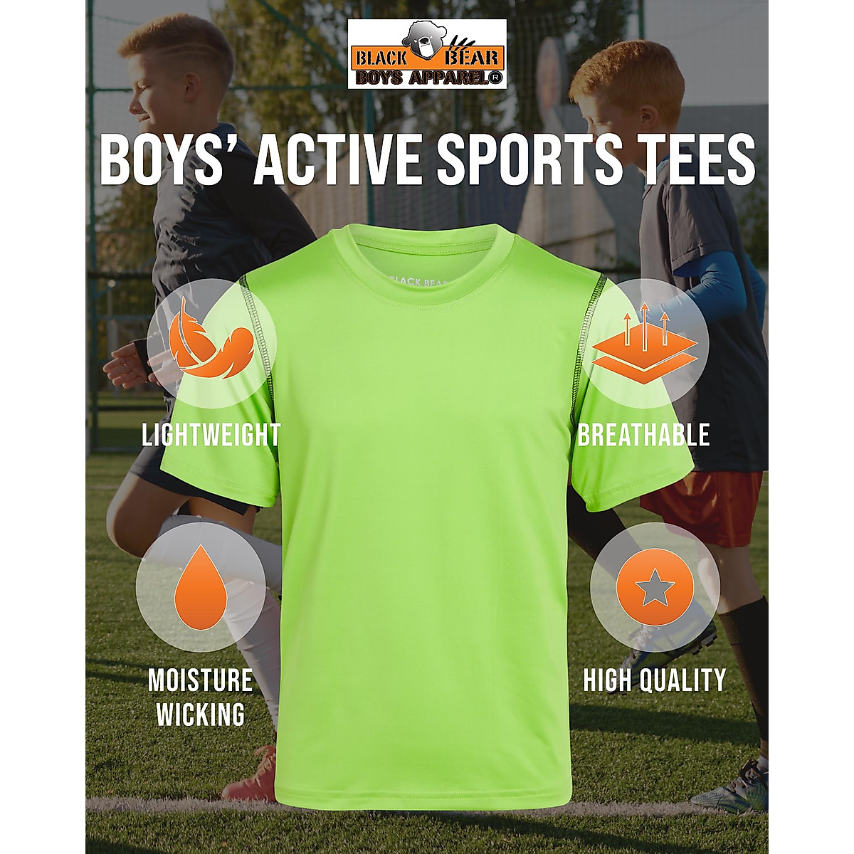 Black Bear Boys’ Athletic T-Shirt – 4 Pack Active Performance Dry-Fit Sports Tee (4-18), Size 12-14, Black/Red/Black/Green