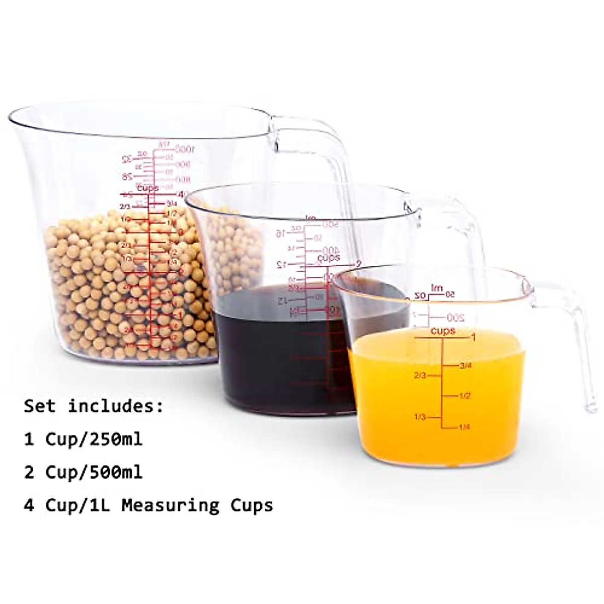 NPYPQ 3 Piece Measuring Cup Set, Includes 1-Cup, 2-Cup, and 4-Cup Clear Plastic Liquid Measuring Cups Easy to Read, Essential Kitchen Tools