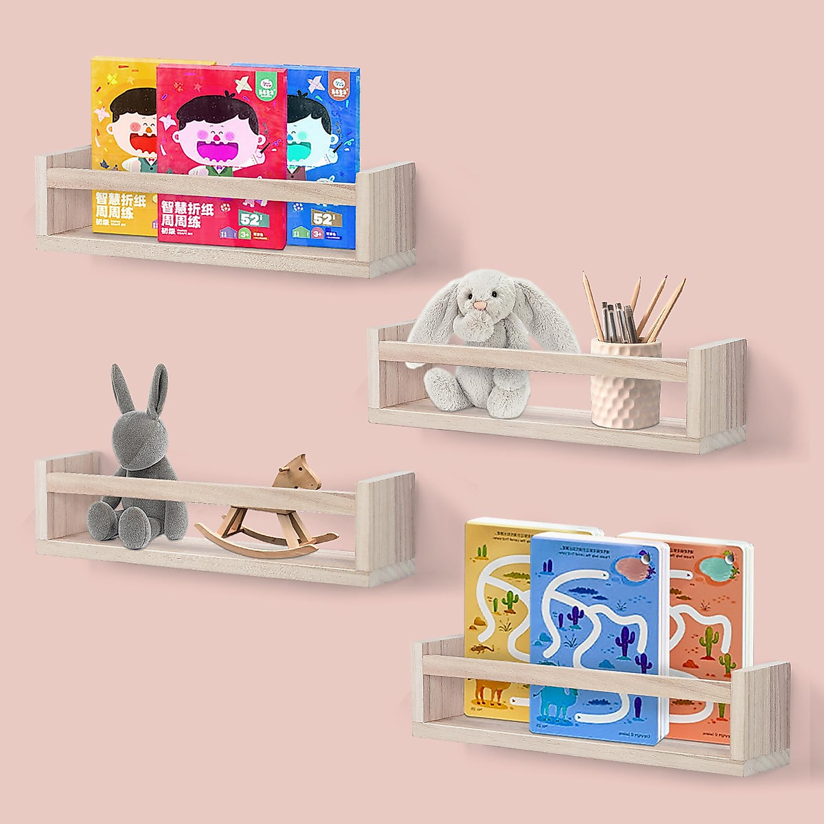 LIANTRAL Kids Bookshelf for Wall, Set of 4 Wall Bookshelf for Kids Room, Nursery Book Shelves for Bedroom Bathroom Kitchen Nursery Decor, Book Shelf Organizer, Natural Wood