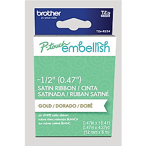 Brother P-touch Embellish Gold Print on White Satin Ribbon TZER234 – ~½” Wide x ~13.1’ Long for use with P-touch Embellish Ribbon & Tape Printer