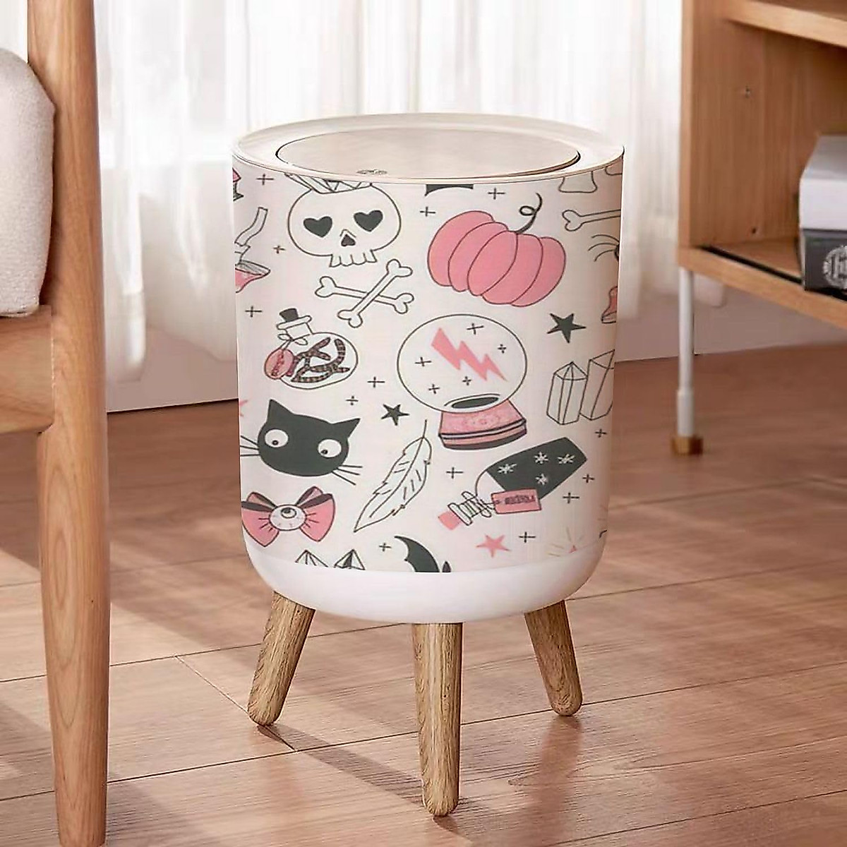 Small Trash Can with Lid for Bathroom Kitchen Office Diaper hand drawn seamless pattern Crystal bottles skull pastel Witching Bedroom Garbage Trash Bin Dog Proof Waste Basket Cute Decorative