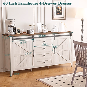 GlouMod 60 Inch Farmhouse 4 Drawers Dresser for Bedroom with Sliding Barn Doors, Natural Texture Wood Rustic Chest of Drawers for Living Room Bedroom Hallway Neoclassical White