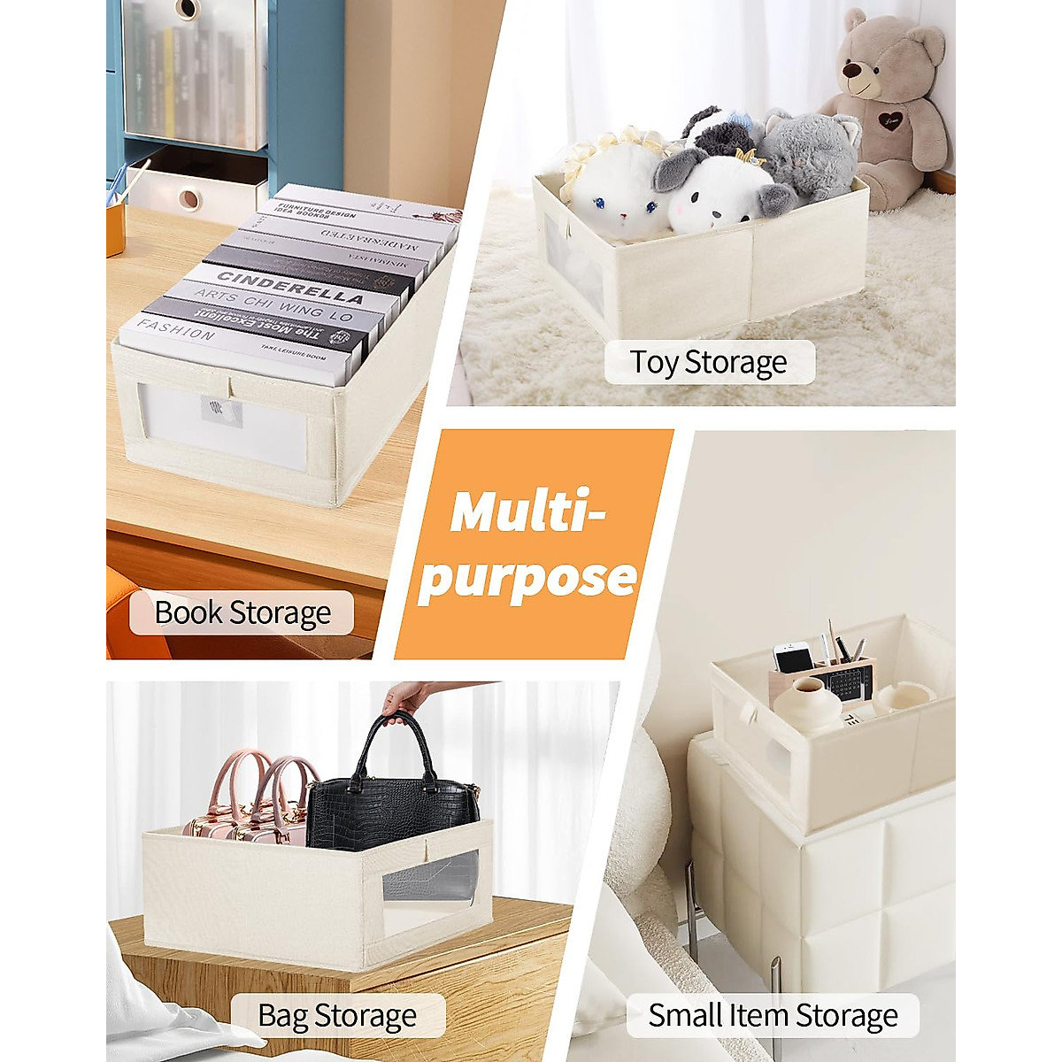 WINSTECK 4 Pack Linen Closet Organizers and Storage Bins, Storage Containers with Clear Window, Large Storage Boxes Baskets for Organizing Clothing, Jeans, Toys, Books, Shelves, Closet, Wardrobe