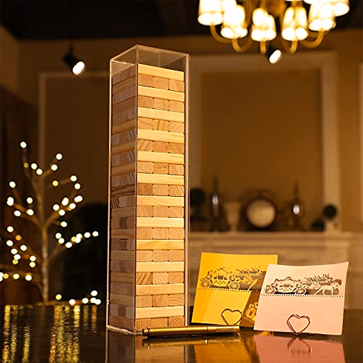 72 Pcs Wood Block Wedding Guest Book Alternative Wooden Guestbook with Acrylic Display Case with 5 Wedding Paper Card 5 Color Signing Pens and 4 Heart Memo Clips for Wedding Reception Bridal Shower