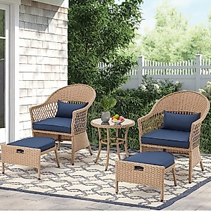 ECOTOUGE 5-Piece Patio Furniture Set, Outdoor Wicker Conversation Bistro Set with Glass Tempered Coffee Table, 2 Rattan Curved Armchairs, 2 Footrests for Porch, Backyard, Balcony, Blue