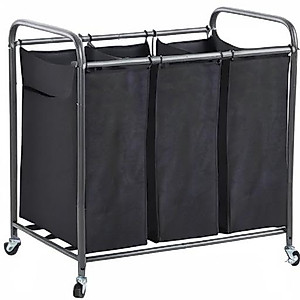 STO STO Laundry Sorter 3 Section, 3 Bag Laundry Hamper, Rolling Laundry Cart, Laundry Basket with Heavy Duty Lockable Wheels and Removable Bag for Clothes Storage, Black