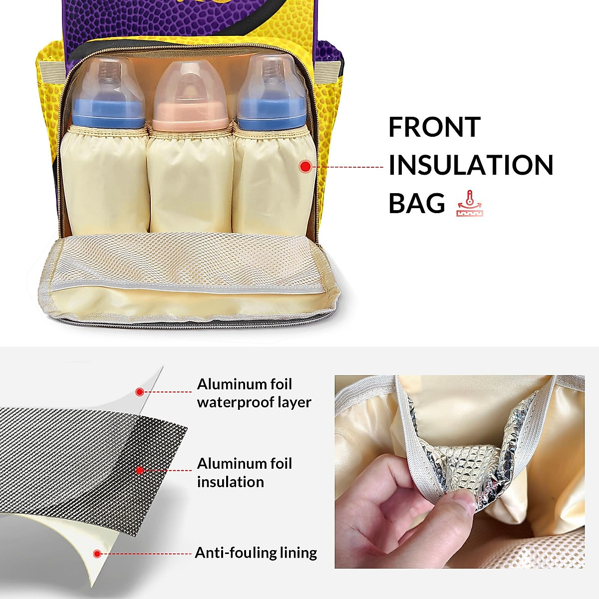 Anneunique Personalized Purple Yellow Basketball Print Tote Bag Backpacks Custom with Text Mommy Bag Gift for Boy Girl