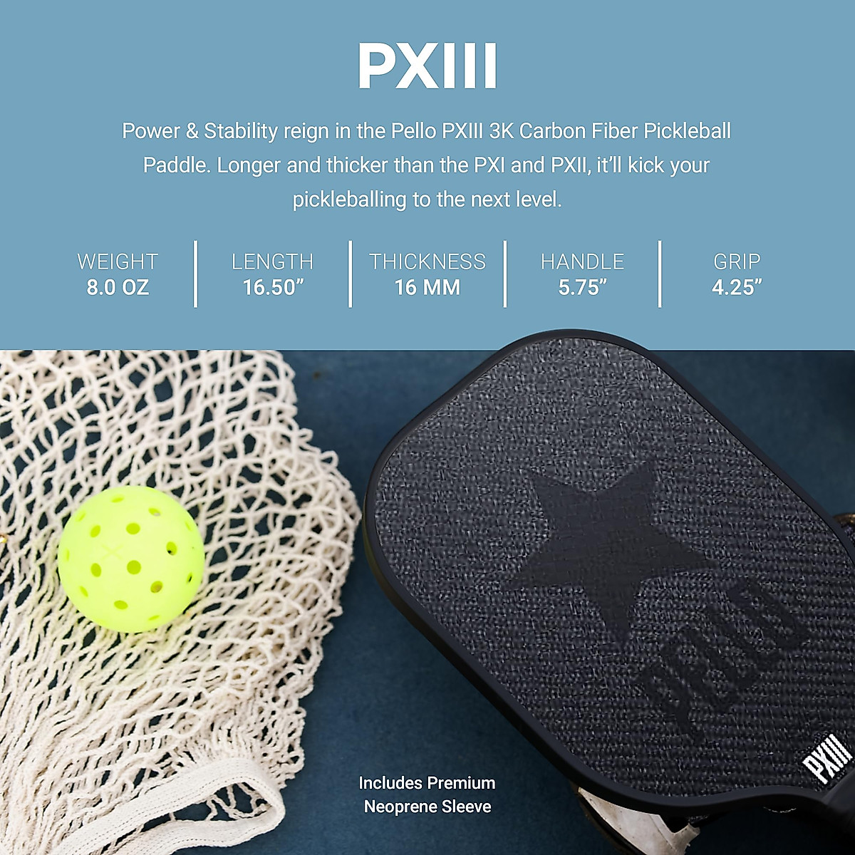 PELLO PXIII Carbon Fiber Pickleball Paddle | Elongated USAPA Approved | Pro-Level Performance Pickleball Paddle for Power, Spin & Control | Carbon Fiber Pickle Ball Paddle Women and Men | (Black)