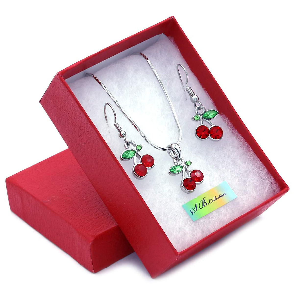 Soulbreezecollection Cherry Necklace Fruit Pendant Charm Dangle Drop Earrings Red Green Rhinestone Fashion Jewelry Set