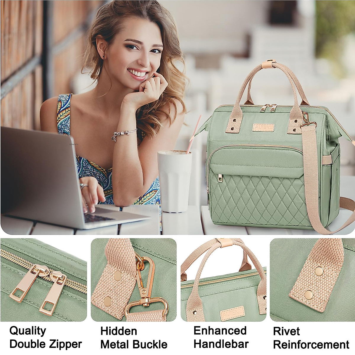 AIJIEKE Lunch Bag for Women, Large Lunch Box for Work Insulated Lunch Bag, Adult Leakproof Lunch Tote Cooler Bag with Side Pockets & Adjustable Strap, Lunch Purse for Picnic Beach, Green