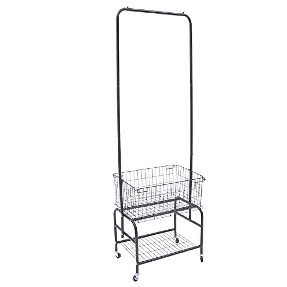 kunghei 2-in 1 Rolling Clothes Rack, 2 Tier Clothing Rack with Metal Basket, Rolling Storage Cart Clothes Organizer Coat Rack Storage Stand on Wheels, for Home Bedroom Laundry Small Place Entryway