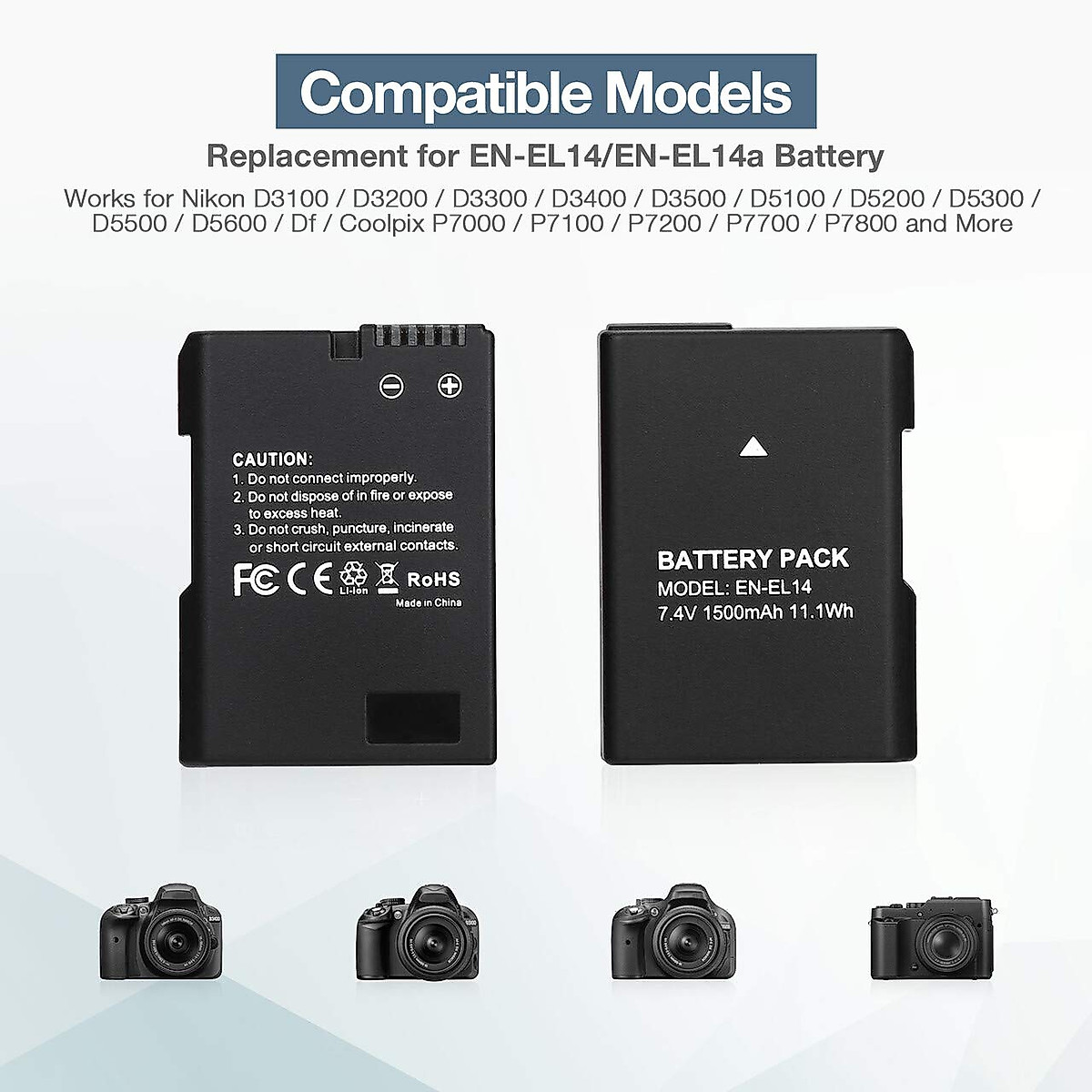 EN-EL14 EN EL14A Battery USB Charger and 2-Pack Rechargeable Batteries Replacement Compatible with Nikon D3100 D3200 D3300 D3400 D3500 D5100 D5200 D5300 D5500 D5600 DF Coolpix P7000 P7100 P7700 P7800