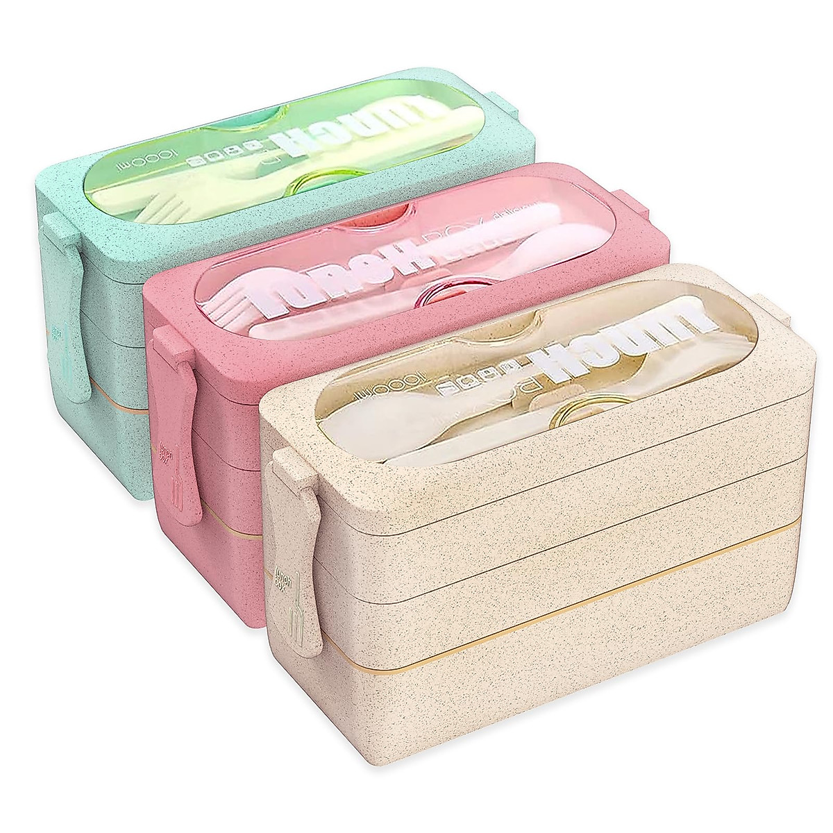 Yesland 3 Packs Bento Box, Japanese Lunch Box with Divider, Wheat Straw 3-In-1 Compartment Stackable Lunch Containers Meal Prep Containers for Kids and Adults (Green/Pink/Beige)