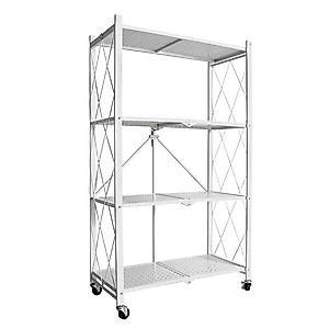 4-Shelf General Purpose Collapsible/Foldable Shelving Unit, Sturdy Storage Rack with Caster Wheels. 4-Tier Organizer, Laundry/kitchen storage shelves, Heavy Duty Metal Frame, No Assemble Needed, White
