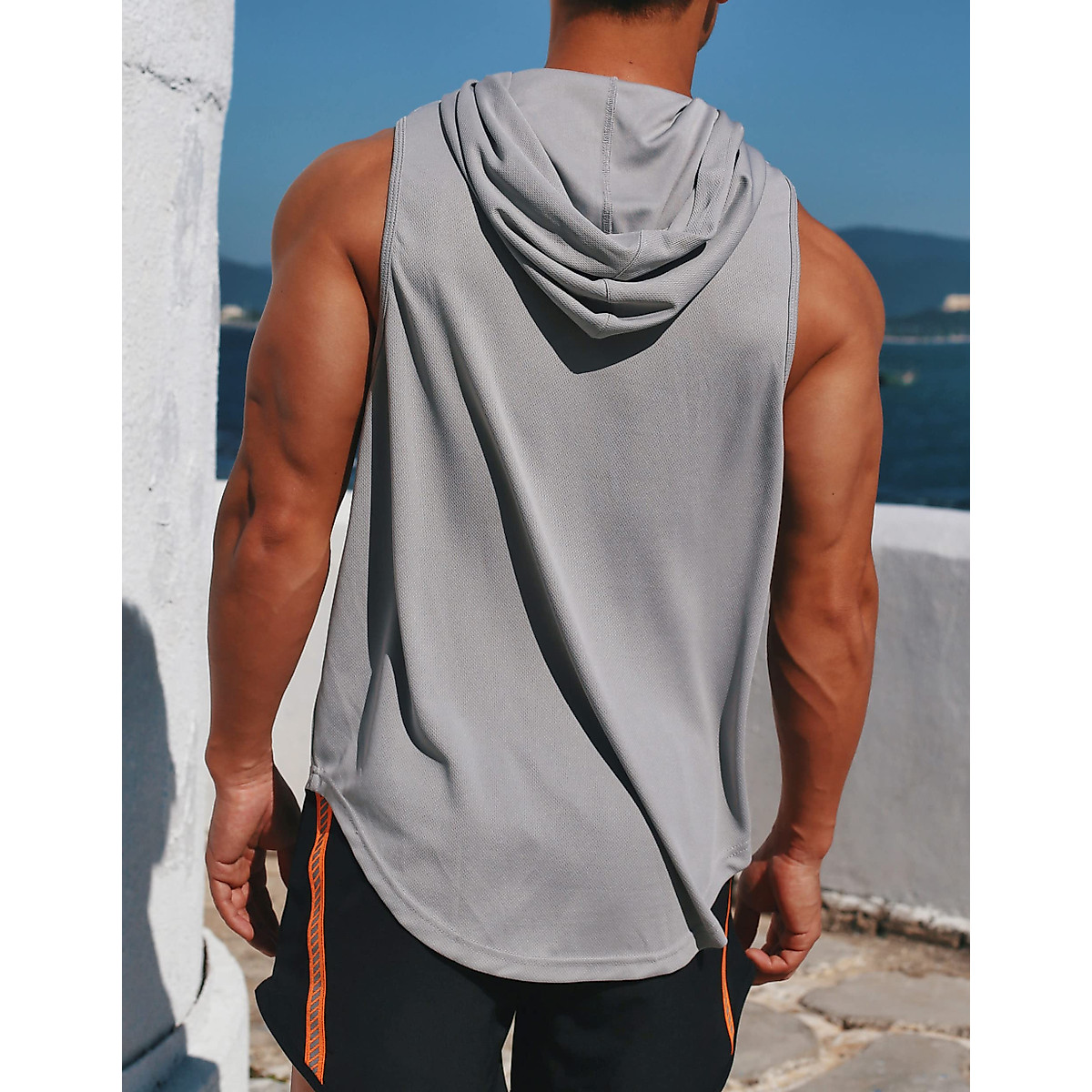 ROGUDUA Men's Hooded Tank Top Quick Dry Muscle Gym Shirts Workout Sleeveless Hoodie 3 Pack Black White Grey US Size L