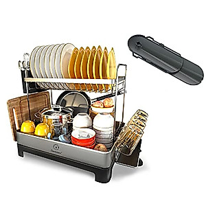 Genteen Extra Grey 360° Swivel Spout Replacement and Large Dish Drying Rack with Drainboard Set Black