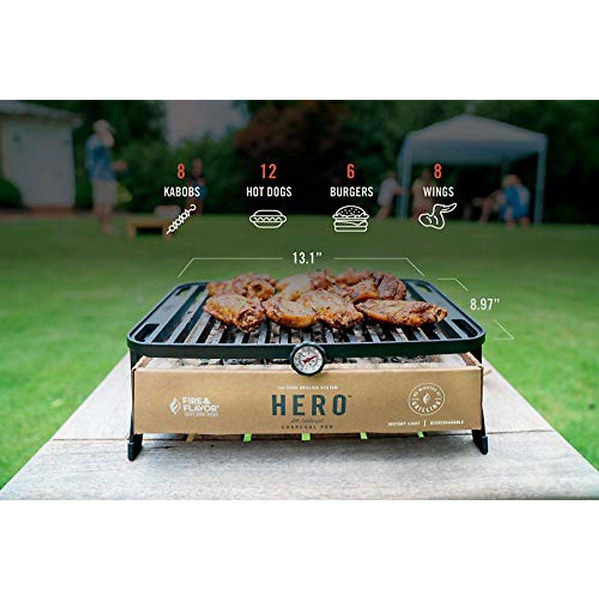 Fire & Flavor Hero Grill System - Ultra-Portable Grill for Camping, Tailgating, and BBQ on the Go - Tabletop Charcoal Grill Set Comes with Spatula, Thermometer, and Cutting Board