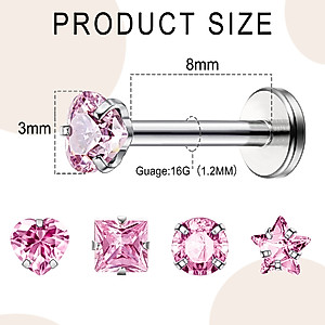 Drperfect 16G Internally Threaded Labret Stud Lip Rings Medusa Monroe Piercing 316L Stainless Steel CZ Cartilage Tragus Piercing Jewelry Forward Helix Earrings Nose Piercing 6mm 8mm 10mm