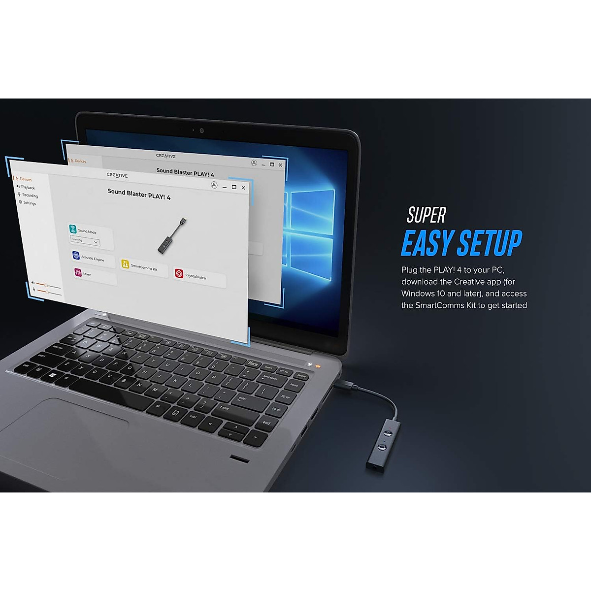 Creative Sound Blaster PLAY! 4 Hi-res External USB-C DAC and Sound Adapter Ft. VoiceDetect Auto Mic Mute/Unmute, Two-way Noise Cancellation, Bass Boost/Dynamic EQs, for Video Calls on Windows PC