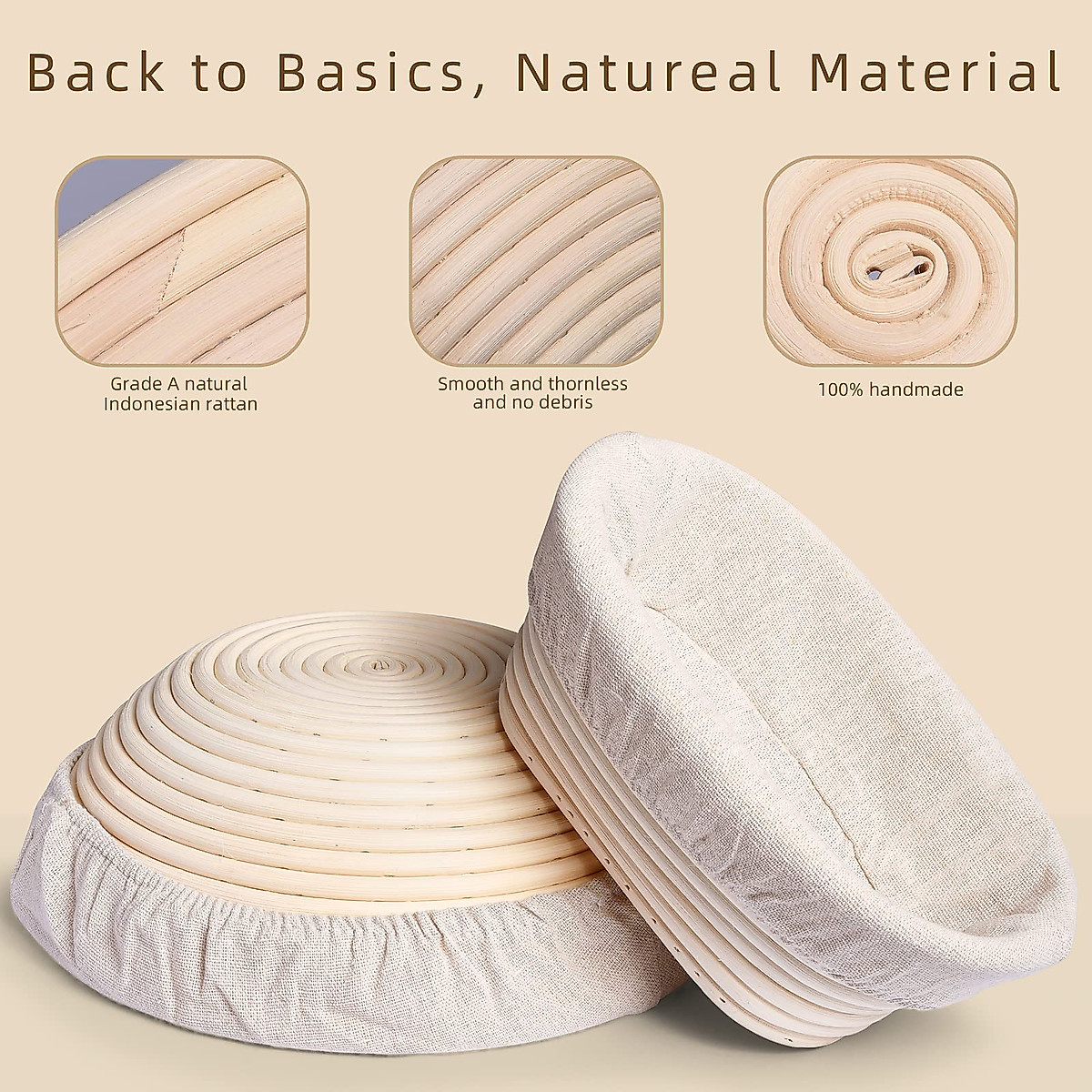 AIxibu Banneton Bread Proofing Basket Set of 2,10-inch Round and 8-inch Oval Sourdough Proofing Baskets - Complete Bread Making Kit for Home Bakers