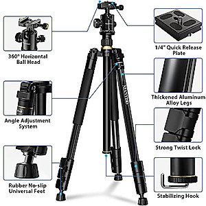 77” DSLR Camera Tripod for Travel - NIANYISO Compact Tripod for Camera, Professional Tripod with 36mm 360 Degree Ball Head, Lightweight Aluminum Camera Tripods & Monopods Load up to 33 lbs