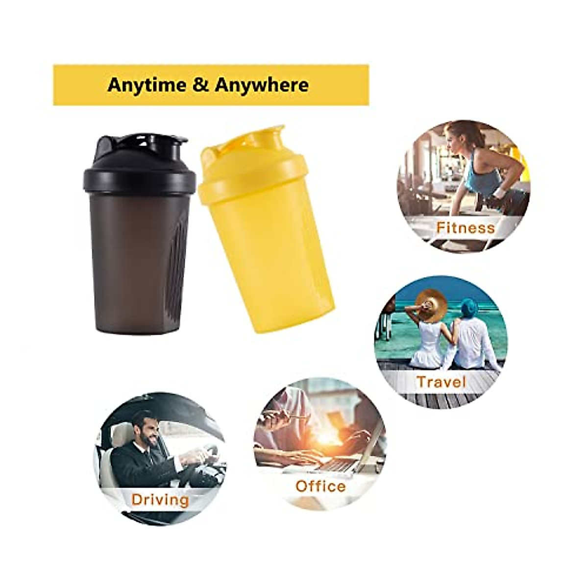 GAISHION Shaker Bottle Protein Shakes and 16-Ounce/400ML Shaker Bottle with Whisk Balls,Free of BPA plastic (Black+Yellow(2PCS))