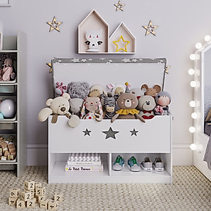 Sturdis Kids Toy Box – Gray & White with Cushion Storage Bench Seat, Toy Storage Chest And Cubby Space For Shoes And Books Organizers