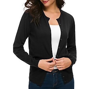 Urban CoCo Women's Long Sleeve Crew Neck Button Down Knit Cardigan Sweater (S, Black)